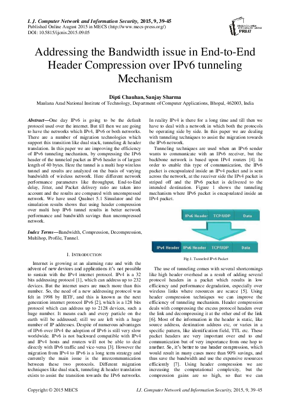 (PDF) Addressing the Bandwidth issue in End-to-End Header Compression over IPv6 tunneling Mechanism