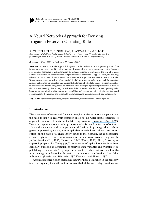 (PDF) A neural networks approach for deriving irrigation reservoir operating rules