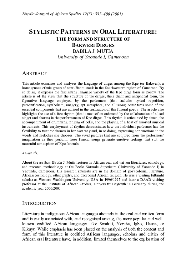 (PDF) STYLISTIC PATTERNS IN ORAL LITERATURE: THE FORM AND STRUCTURE OF ...