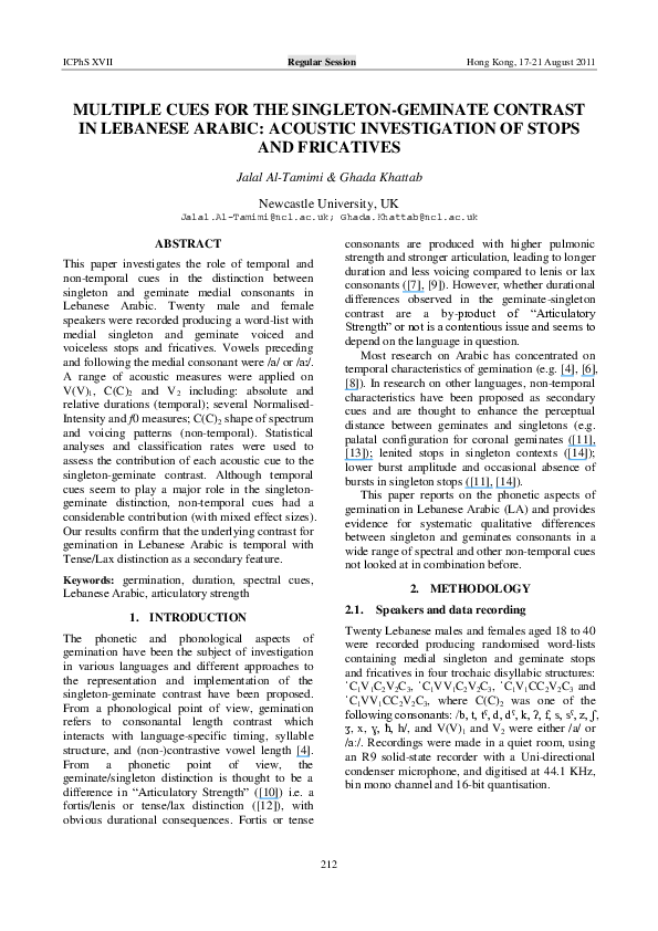 (PDF) Multiple Cues for the Singleton-Geminate Contrast in Lebanese ...