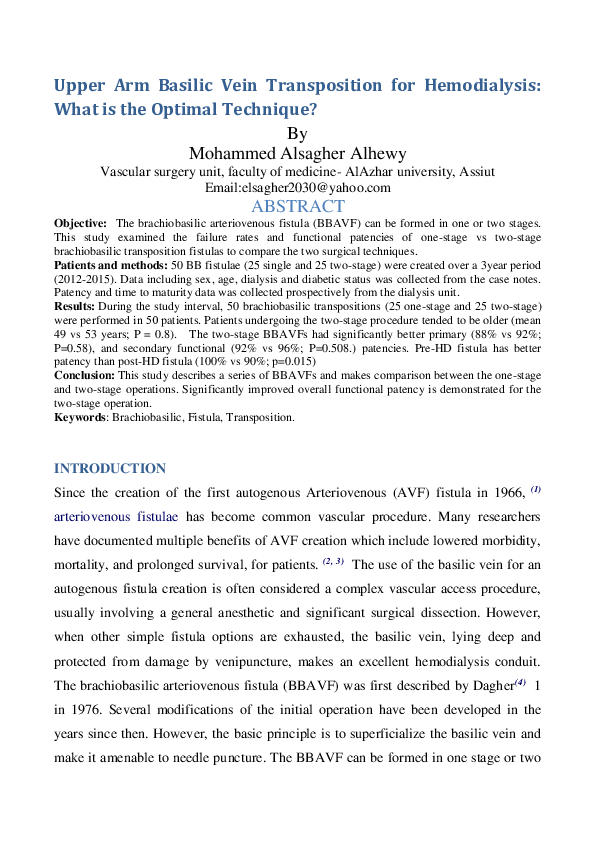 (PDF) Upper Arm Basilic Vein Transposition for Hemodialysis: What is ...