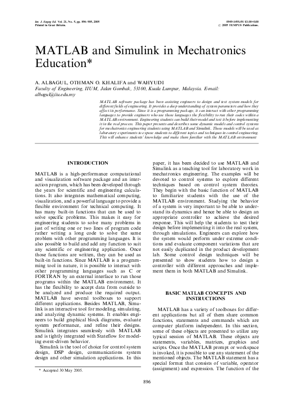 (PDF) MATLAB and simulink in mechatronics education