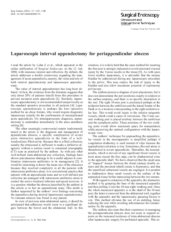 (PDF) Laparoscopic interval appendectomy for periappendicular abscess