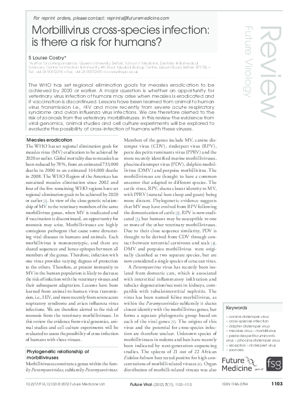 (PDF) Morbillivirus cross-species infection: is there a risk for humans?