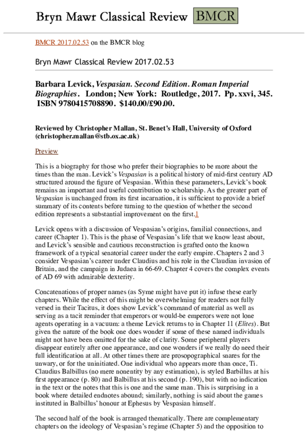(PDF) Review of B.M. Levick, Vespasian. Roman Imperial Biographies ...