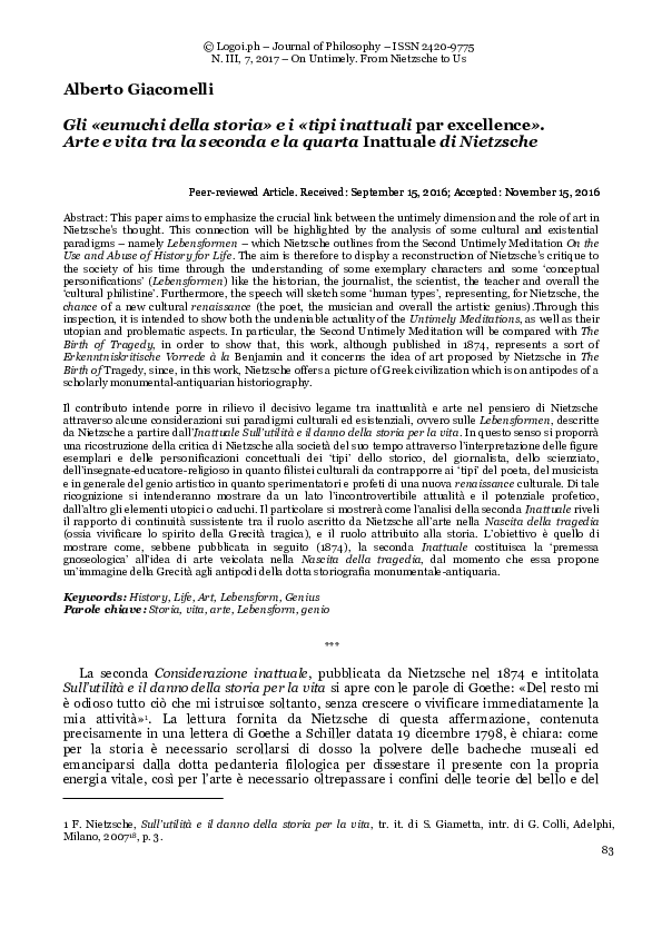 (PDF) Gli «eunuchi della storia» e i «tipi inattuali par excellence ...