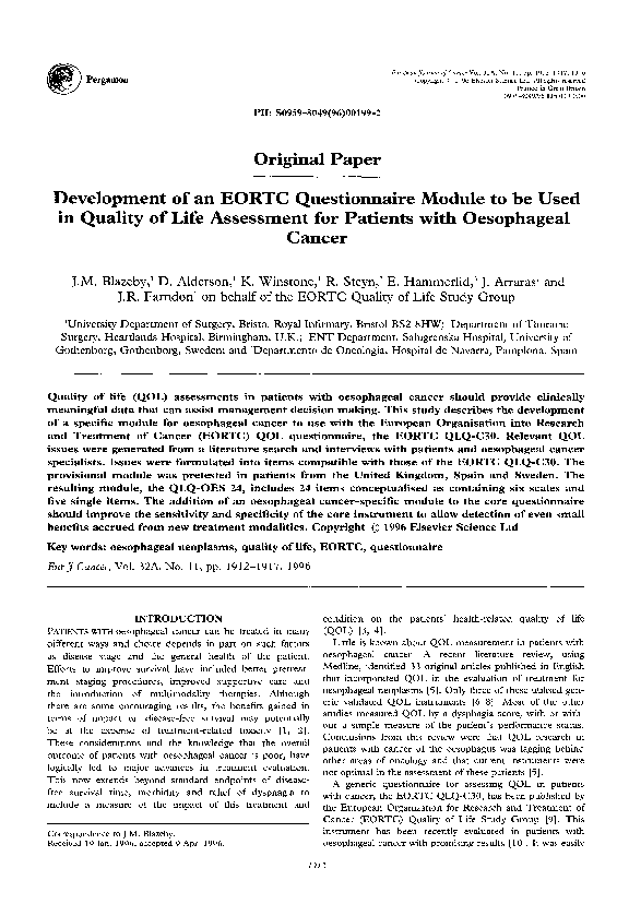 (PDF) Development of an EORTC questionnaire module to be used in quality of life assessment for ...