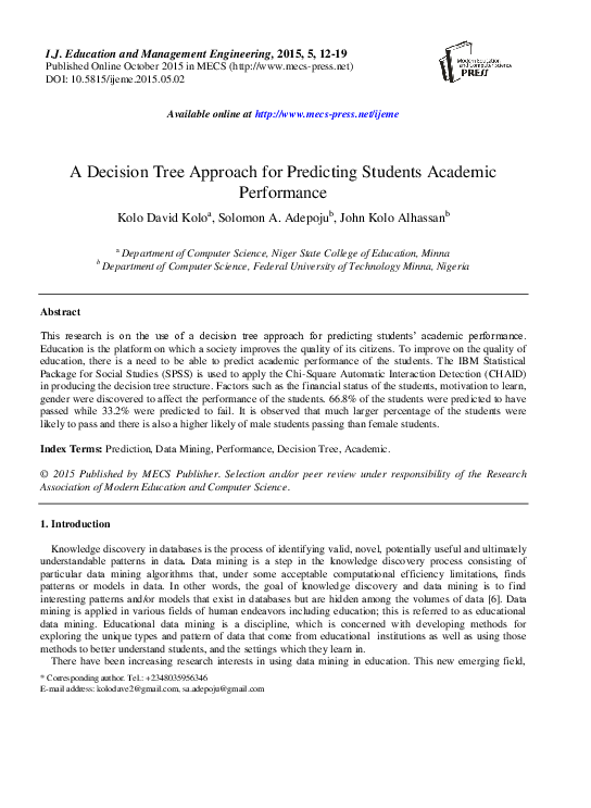 (PDF) A Decision Tree Approach for Predicting Students Academic Performance