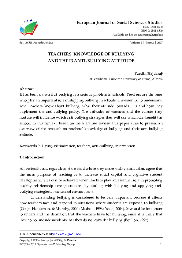 (PDF) Teachers' Knowledge and Attitudes Toward Bullying