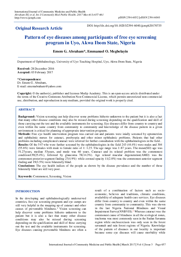 (PDF) Pattern of eye diseases among participants of free eye screening ...