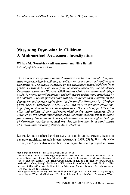 (PDF) Measuring depression in children: a multimethod assessment investigation