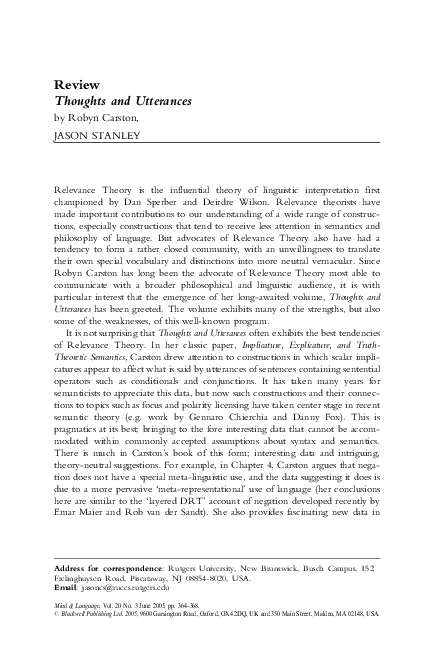 (PDF) Thoughts and Utterances. by Robyn Carston