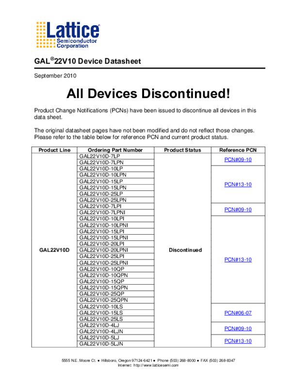 (PDF) GAL ® 22V10 Device Datasheet All Devices Discontinued