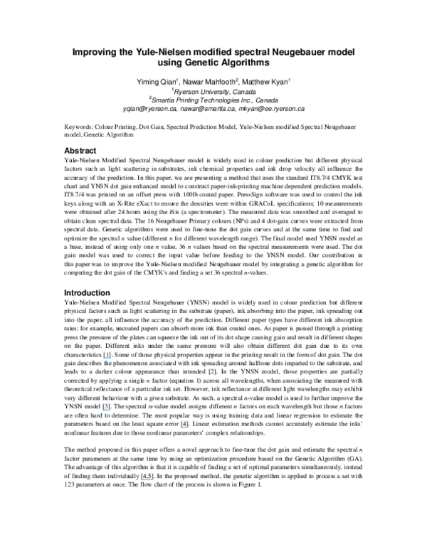 (PDF) Improving the Yule-Nielsen modified spectral Neugebauer model using Genetic Algorithms
