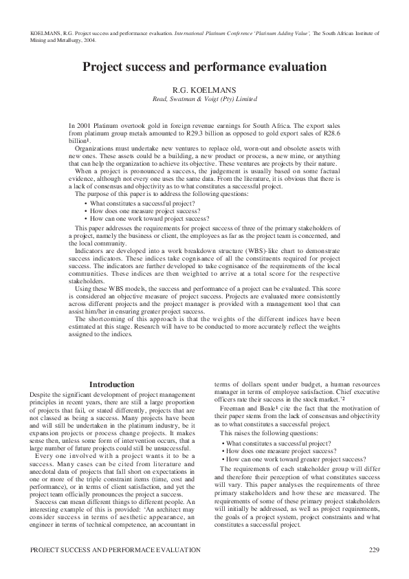 (PDF) PROJECT SUCCESS AND PERFORMACE EVALUATION