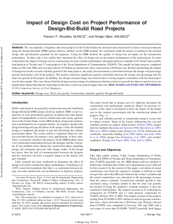 (PDF) Impact of Design Cost on Project Performance of Design-Bid-Build ...