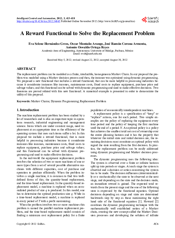 (PDF) A Reward Functional to Solve the Replacement Problem