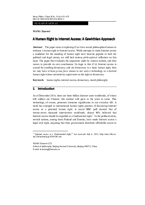 (PDF) A Human Right to Internet Access: A Gewirthian Approach