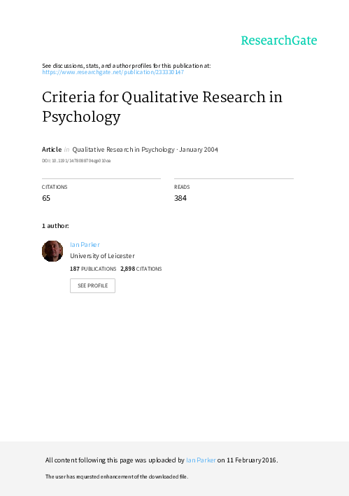(PDF) Criteria for Qualitative Research in Psychology