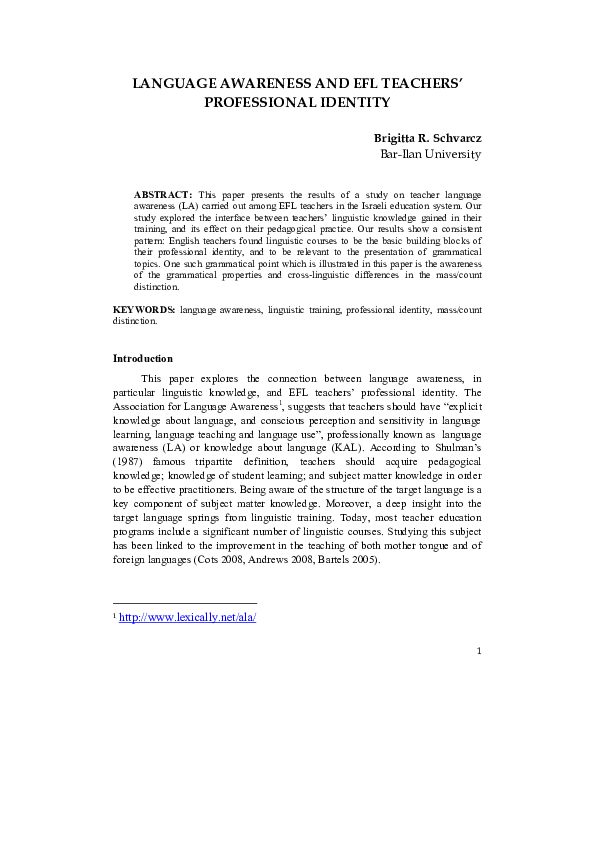 (PDF) LANGUAGE AWARENESS AND EFL TEACHERS' PROFESSIONAL IDENTITY