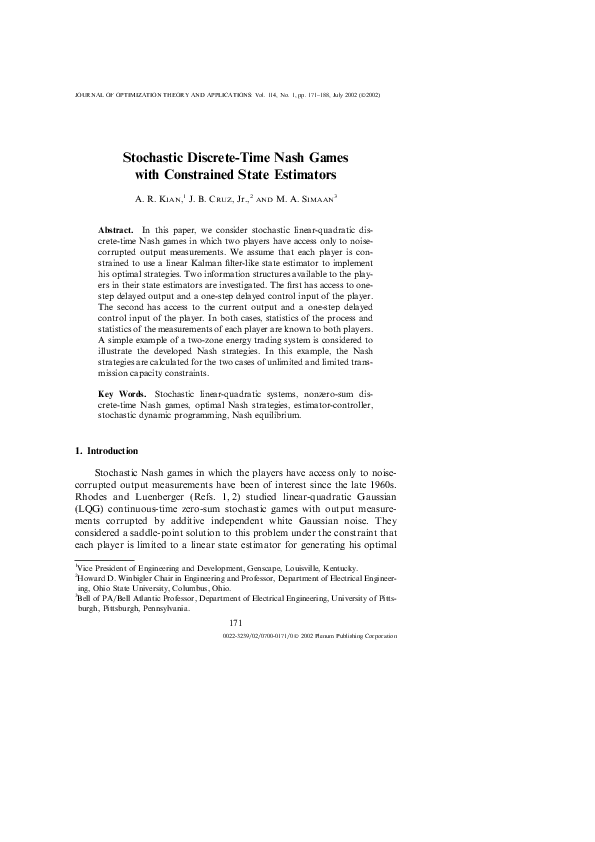 (PDF) Stochastic discrete-time Nash games with constrained state estimators