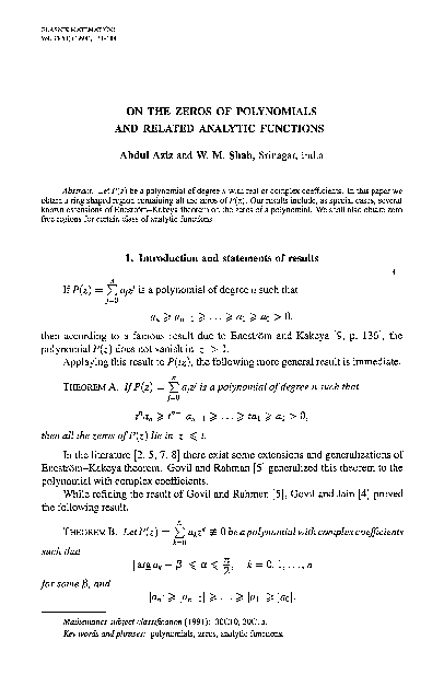 (PDF) On the zeros of a certain class of polynomials and related analytic functions