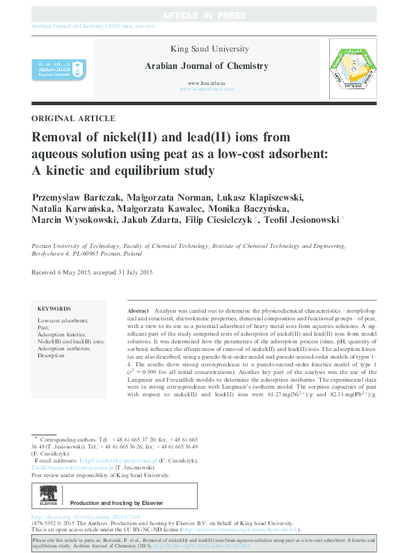 (PDF) Removal of nickel(II) and lead(II) ions from aqueous solution using peat as a low-cost ...