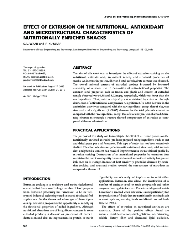 (PDF) EFFECT OF EXTRUSION ON THE NUTRITIONAL, ANTIOXIDANT AND MICROSTRUCTURAL CHARACTERISTICS OF ...