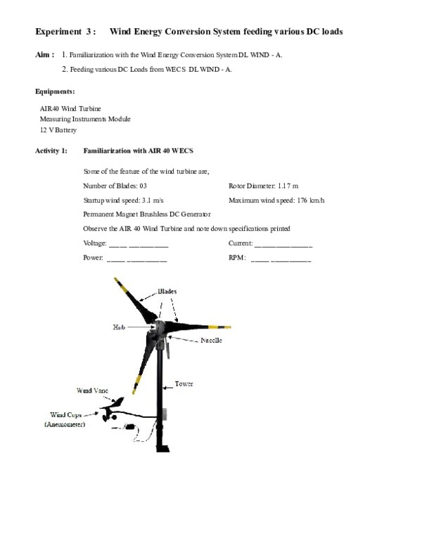 (DOC) Experiment 3 : Wind Energy Conversion System feeding various DC loads Aim : 1 ...