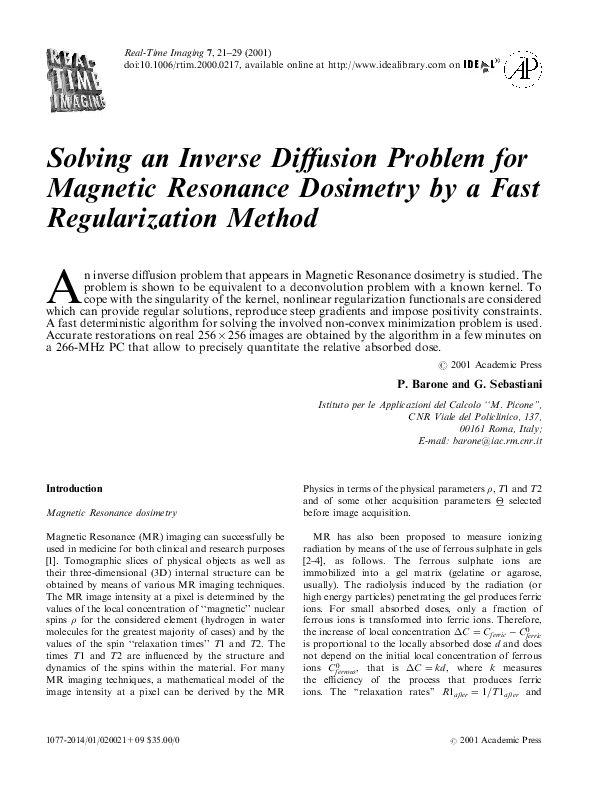 (PDF) Solving an Inverse Diffusion Problem for Magnetic Resonance Dosimetry by a Fast ...