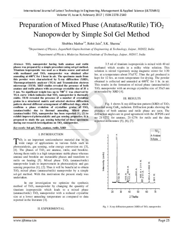 (PDF) Preparation of Mixed Phase (Anatase/Rutile) TiO2 Nanopowder by Simple Sol Gel Method