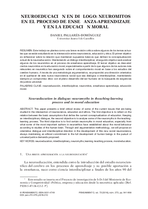 (PDF) Neuroeducation in dialogue: neuromyths in theaching-learning ...