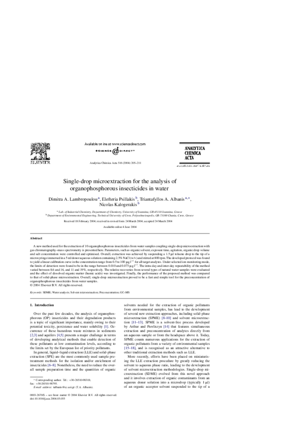(PDF) Single-drop microextraction for the analysis of organophosphorous insecticides in water