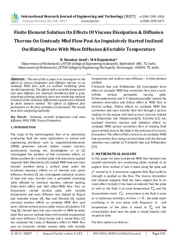 (PDF) IRJET-Finite Element Solution On Effects Of Viscous Dissipation & Diffusion Thermo On ...