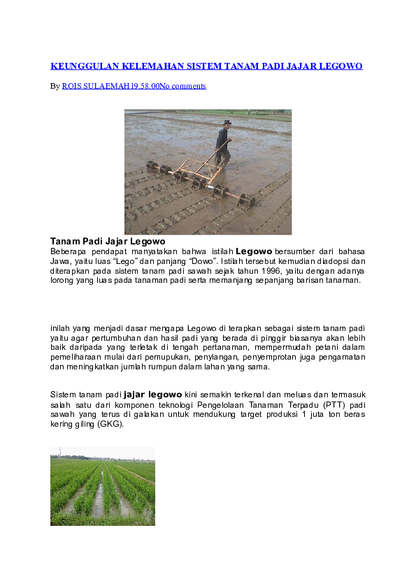 (DOC) KEUNGGULAN KELEMAHAN SISTEM TANAM PADI JAJAR LEGOWO