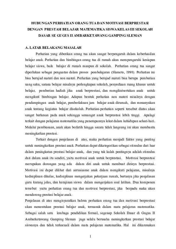 (DOC) HUBUNGAN PERHATIAN ORANG TUA DAN MOTIVASI BERPRESTASI DENGAN PRESTASI BELAJAR MATEMATIKA ...