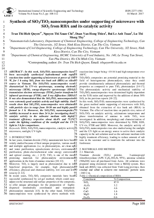 Pdf Synthesis Of Sio 2 Tio 2 Nanocomposites Under Supporting Of Microwave With Sio 2 From Rha