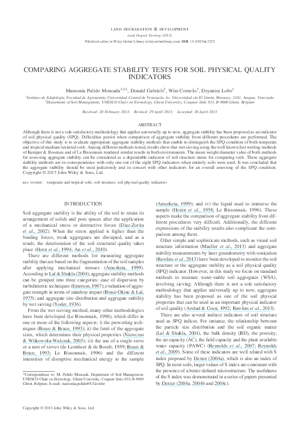(PDF) Comparing Aggregate Stability Tests for Soil Physical Quality ...