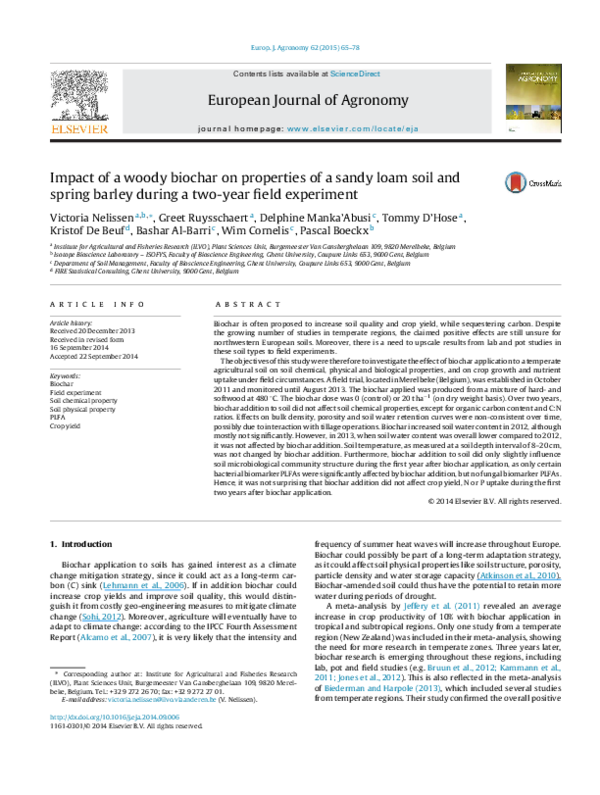 (PDF) Impact of a woody biochar on properties of a sandy loam soil and ...