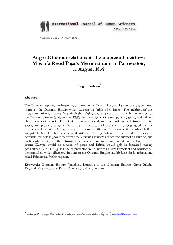 (PDF) Anglo-Ottoman Relations In The Nineteenth Century: Mustafa Reşid ...