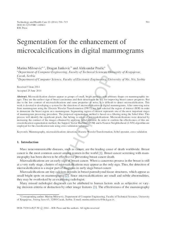 (PDF) Segmentation for the enhancement of microcalcifications in digital mammograms