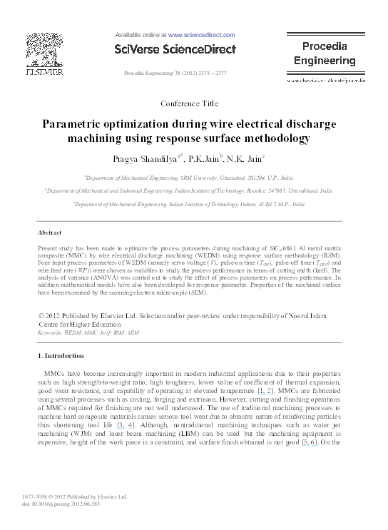 (PDF) Parametric Optimization During Wire Electrical Discharge Machining using Response Surface ...