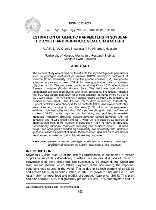 (PDF) ESTIMATION OF GENETIC PARAMETERS IN SOYBEAN FOR YIELD AND MORPHOLOGICAL CHARACTERS