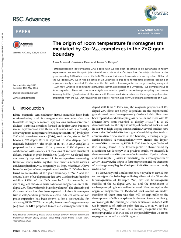 (PDF) The origin of room temperature ferromagnetism mediated by Co–V Zn complexes in the ZnO ...