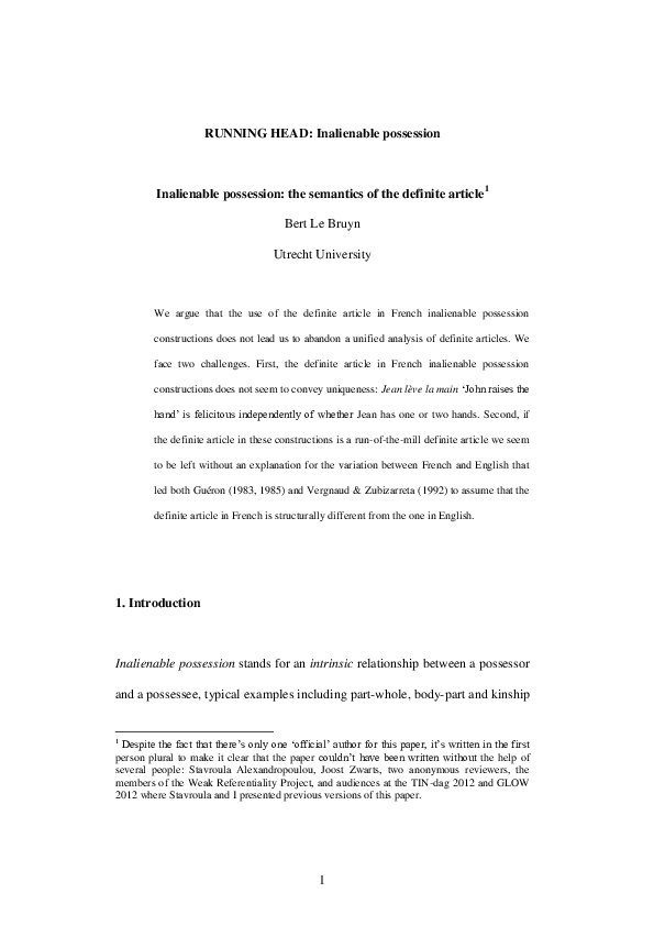 Pdf Definite Article In Inalienable Possession