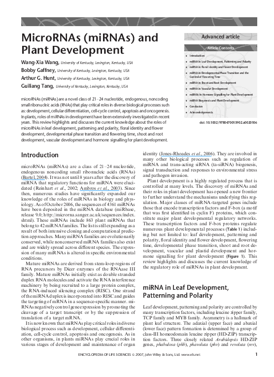 (PDF) MicroRNAs (miRNAs) and Plant Development