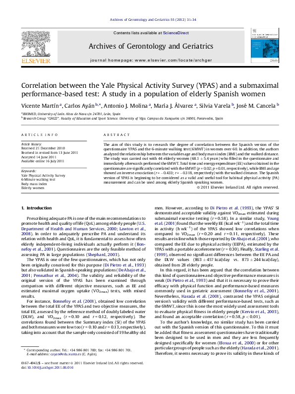 (PDF) Correlation between the Yale Physical Activity Survey (YPAS) and a submaximal performance ...