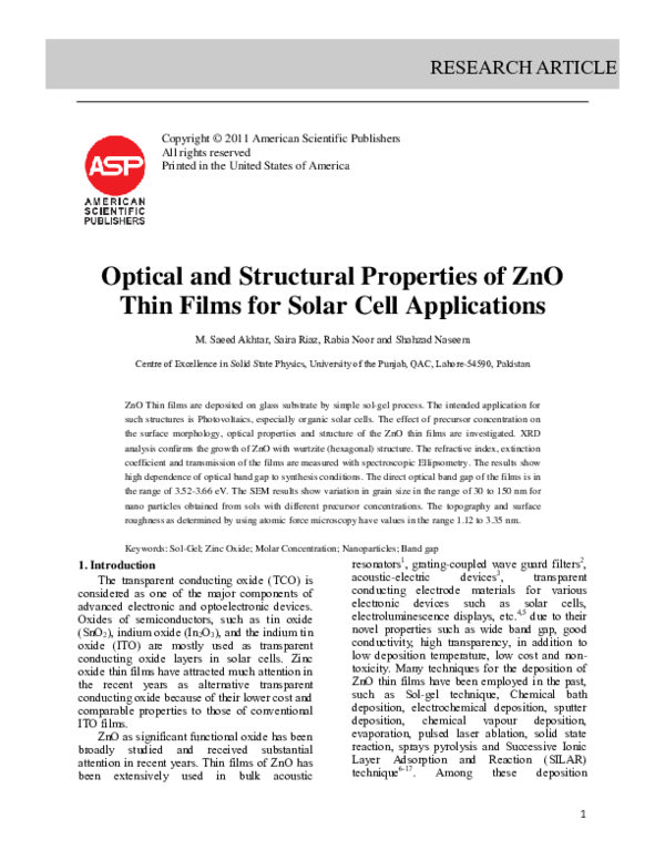 (PDF) Optical and Structural Properties of ZnO Thin Films for Solar Cell Applications