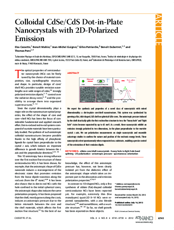 (PDF) Colloidal CdSe/CdS Dot-in-Plate Nanocrystals with 2D-Polarized ...