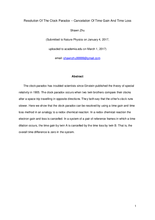 (PDF) Resolution Of The Clock Paradox – Cancelation Of Time Gain And ...